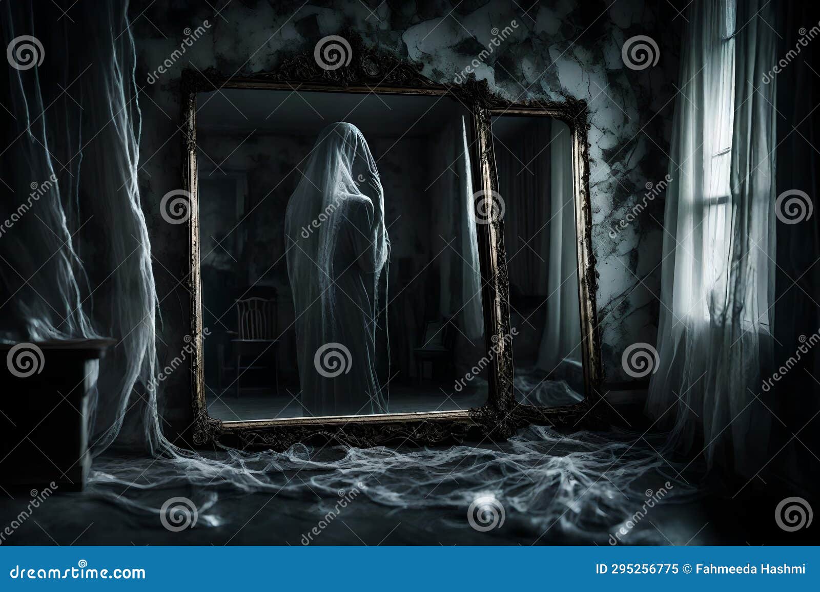 A Haunted Mirror Reflecting a Distorted, Ghostly Figure in a Dimly Lit ...