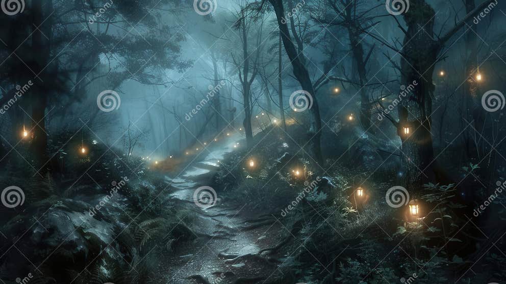 A Haunted Path through the Forest with Ghostly Lights and Eerie Sounds ...
