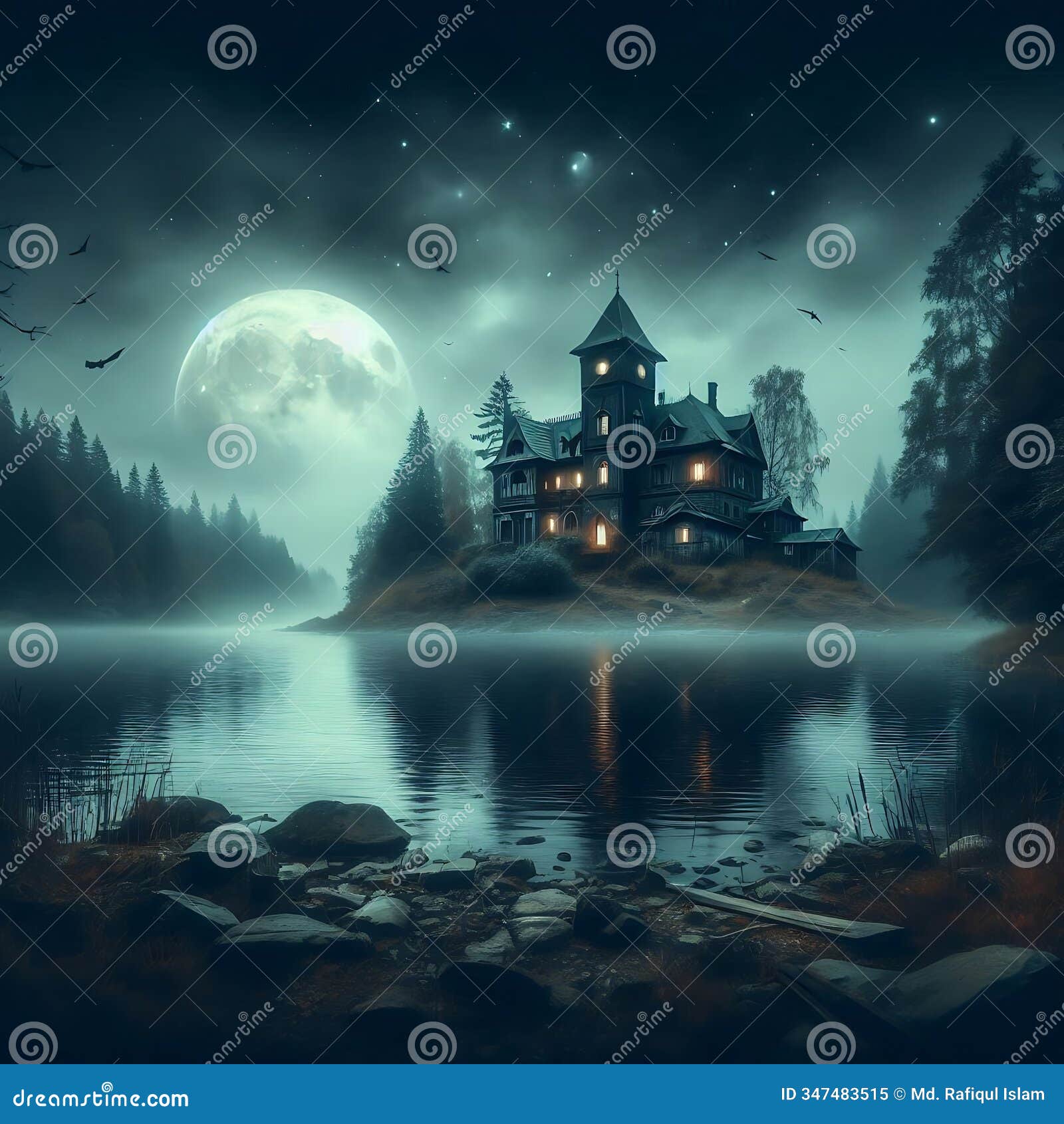 Horror Places with River and Abounded House in Midnight Stock Image ...