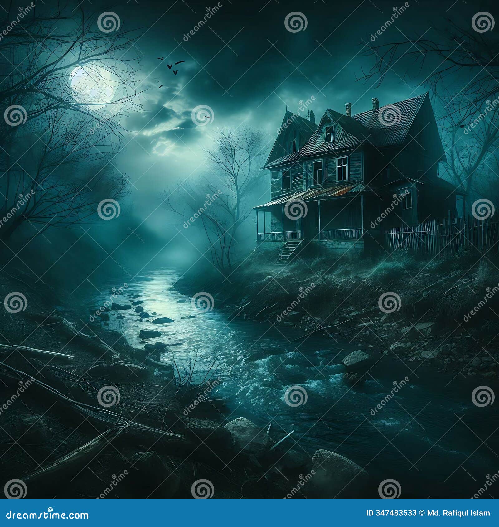 Horror Places with River and Abounded House in Midnight Stock Image ...