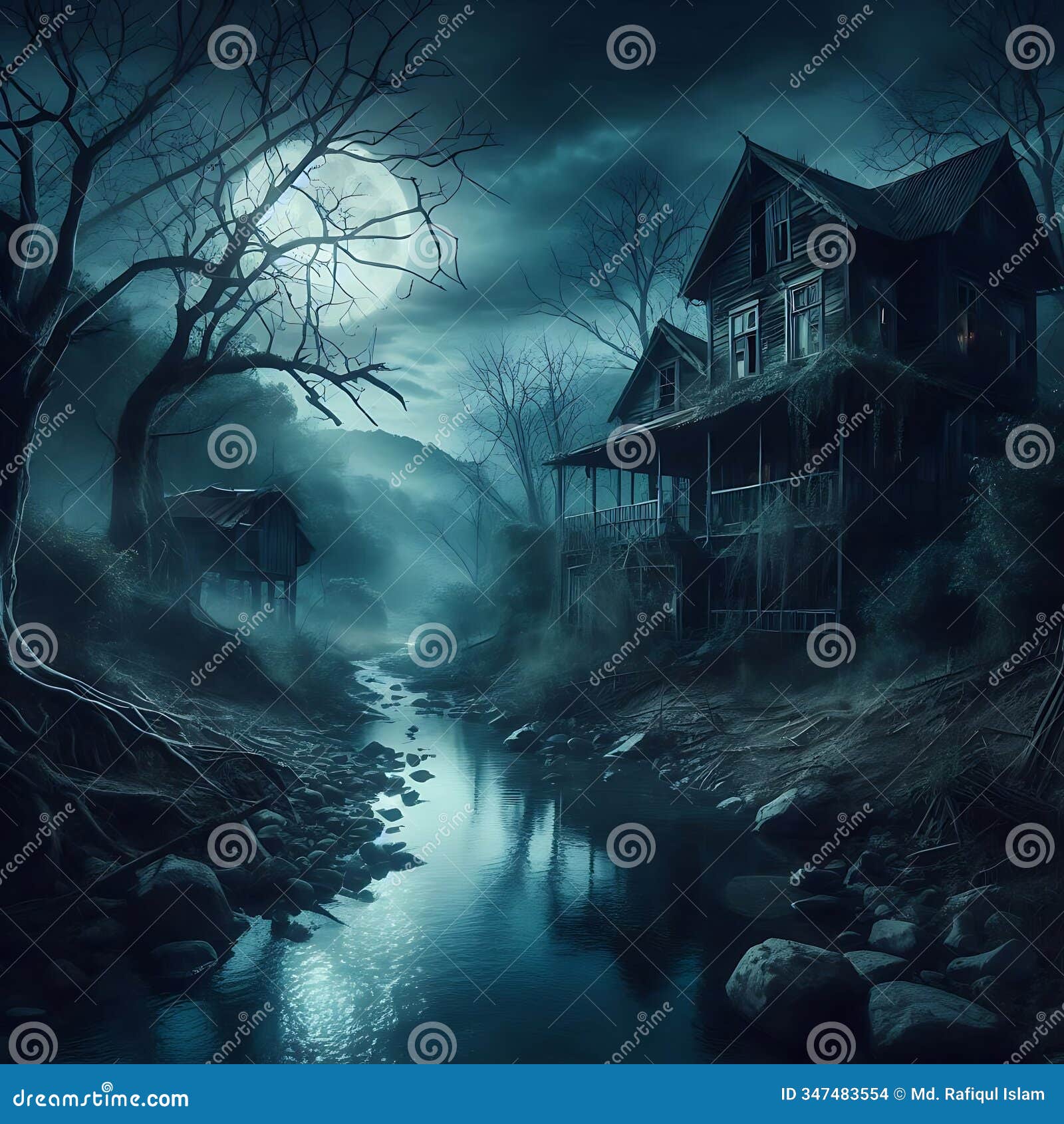 Horror Places with River and Abounded House in Midnight Stock Photo ...