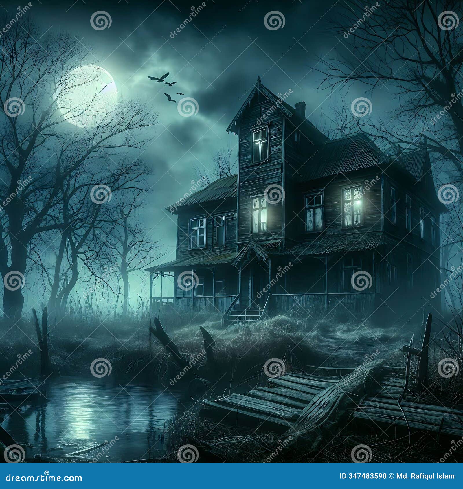 Horror Places with River and Abounded House in Midnight Stock Photo ...