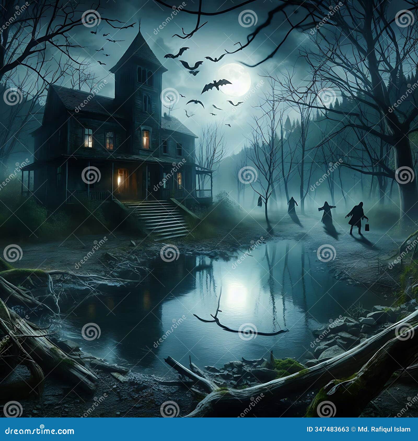 Horror Places with River and Abounded House in Midnight Stock Image ...