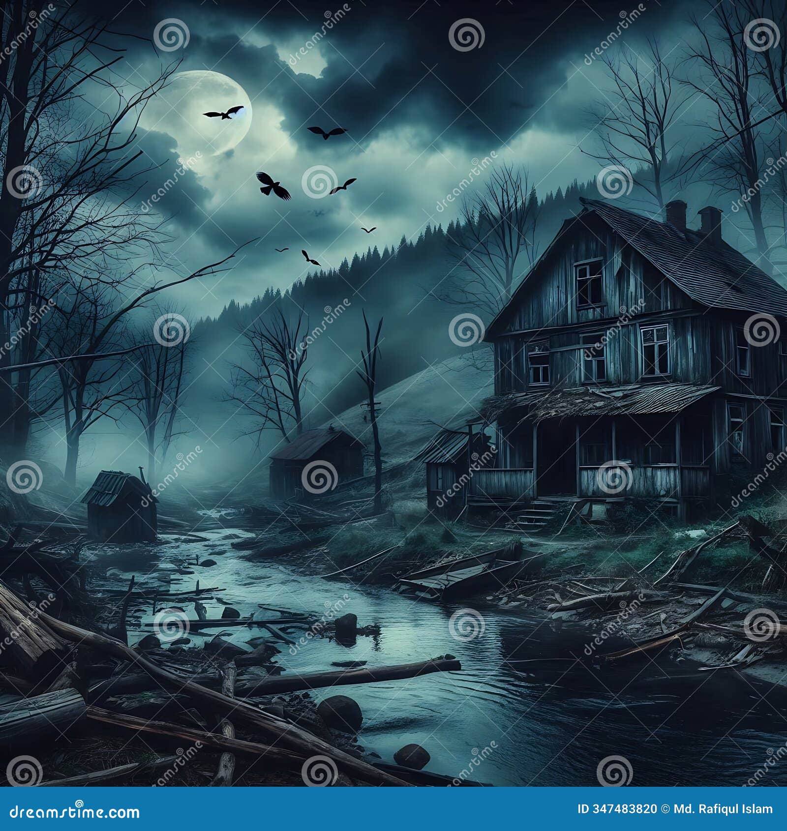 Horror Places with River and Abounded House in Midnight Stock Photo ...