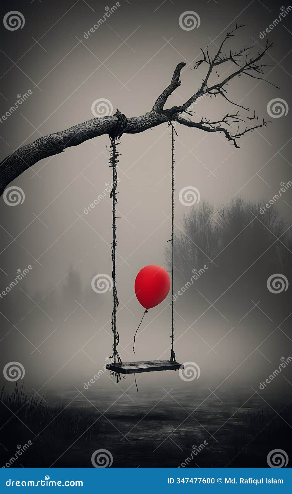 Horror Places with the Swing Hanging on a Trees and a Red Balloon Stock ...