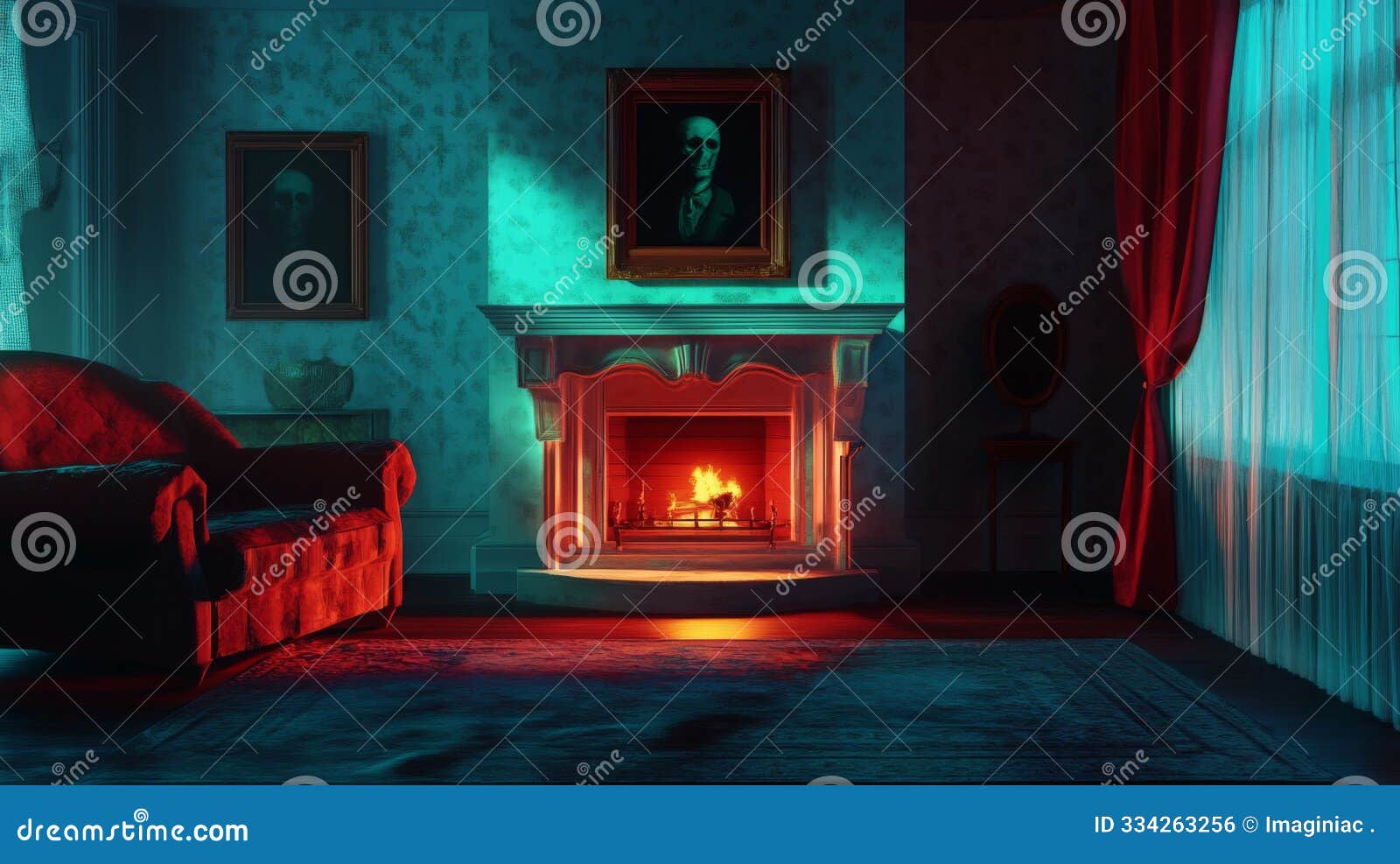 A Haunted Room with a Fireplace and a Creepy Portrait Stock ...