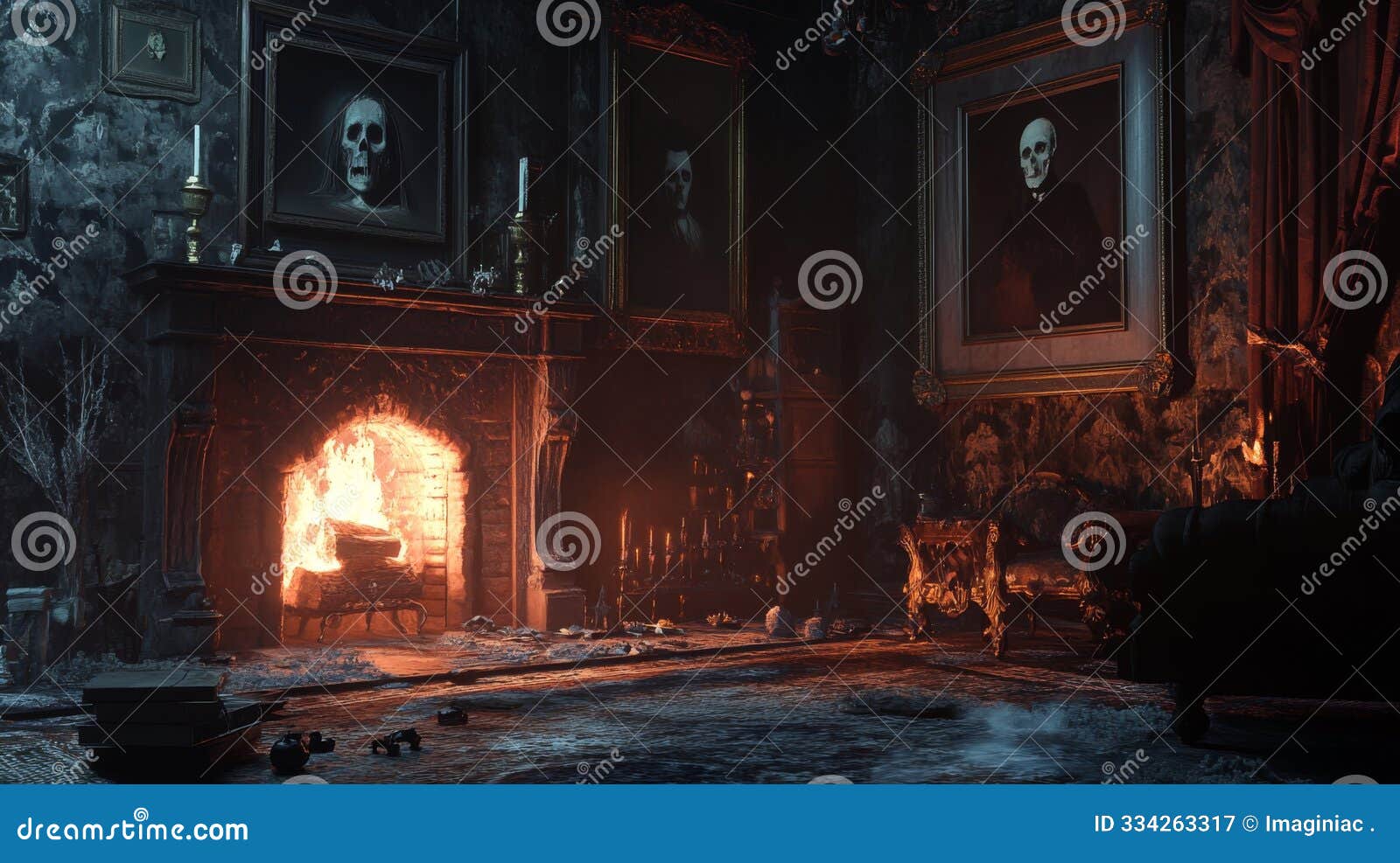 A Haunted Room with Portraits of Skulls and a Burning Fireplace Stock ...
