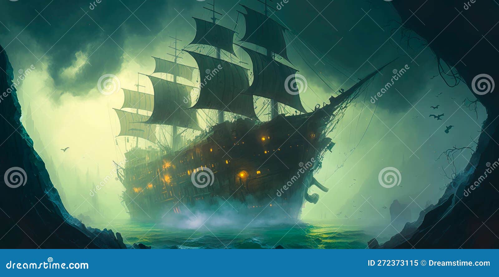 Haunted Ship Emerging from the Mist Generative AI Stock Illustration ...