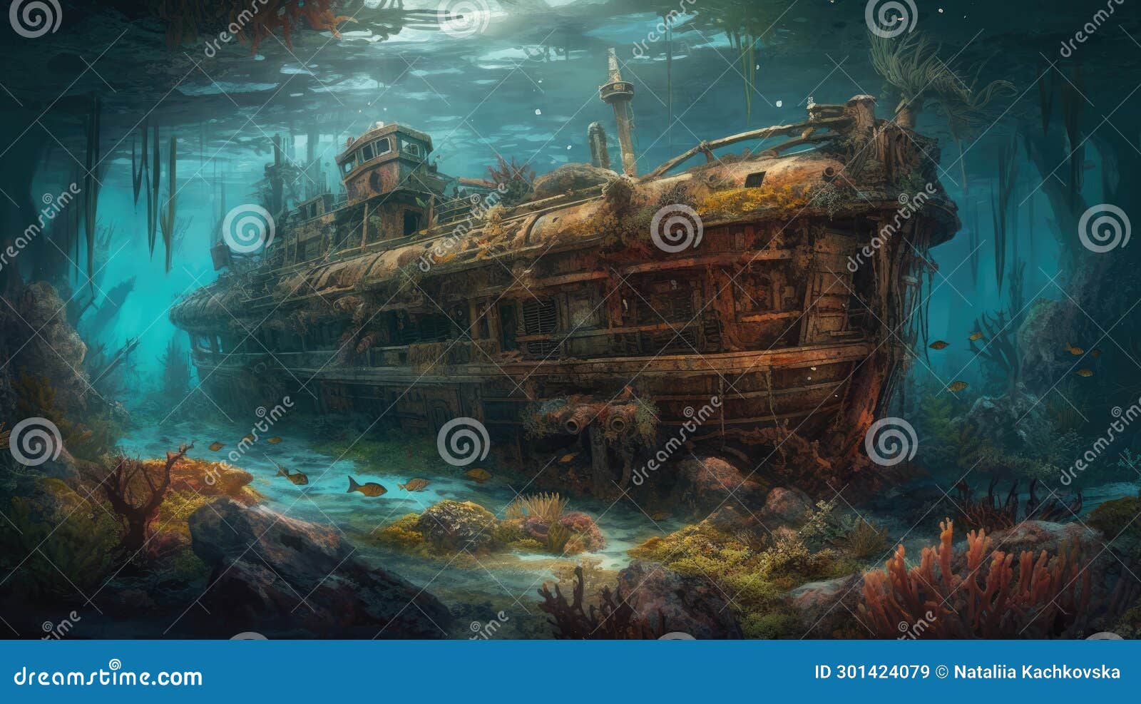 Haunted Shipwreck on the Ocean Floor Stock Illustration - Illustration ...