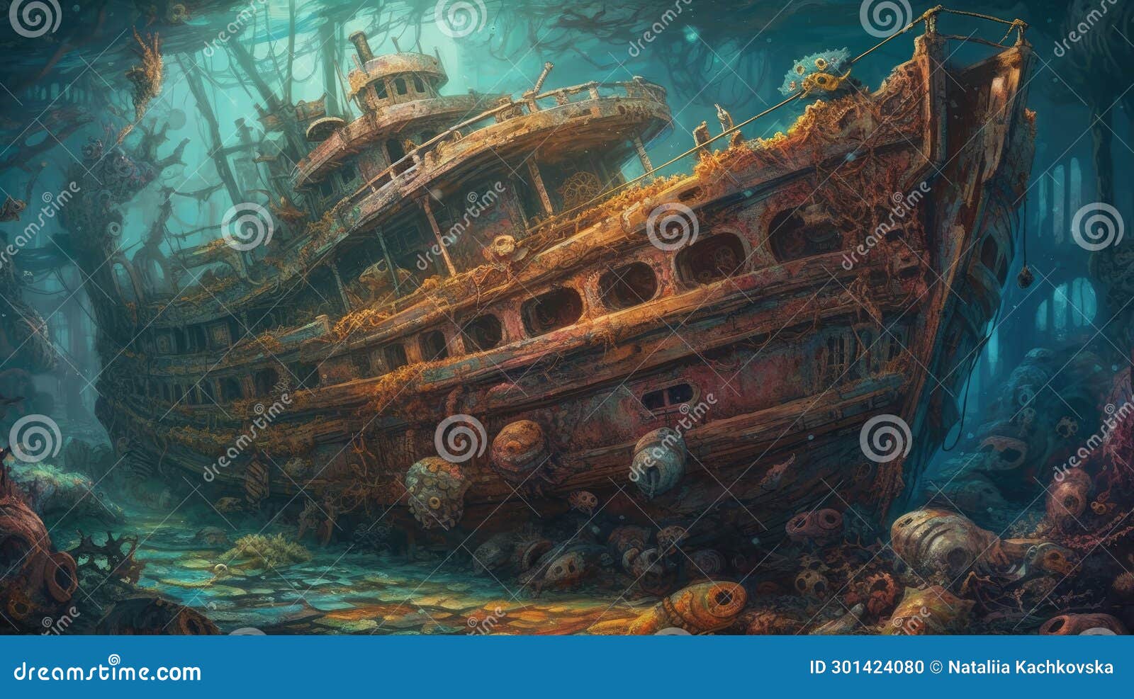 Haunted Shipwreck on the Ocean Floor Stock Illustration - Illustration ...