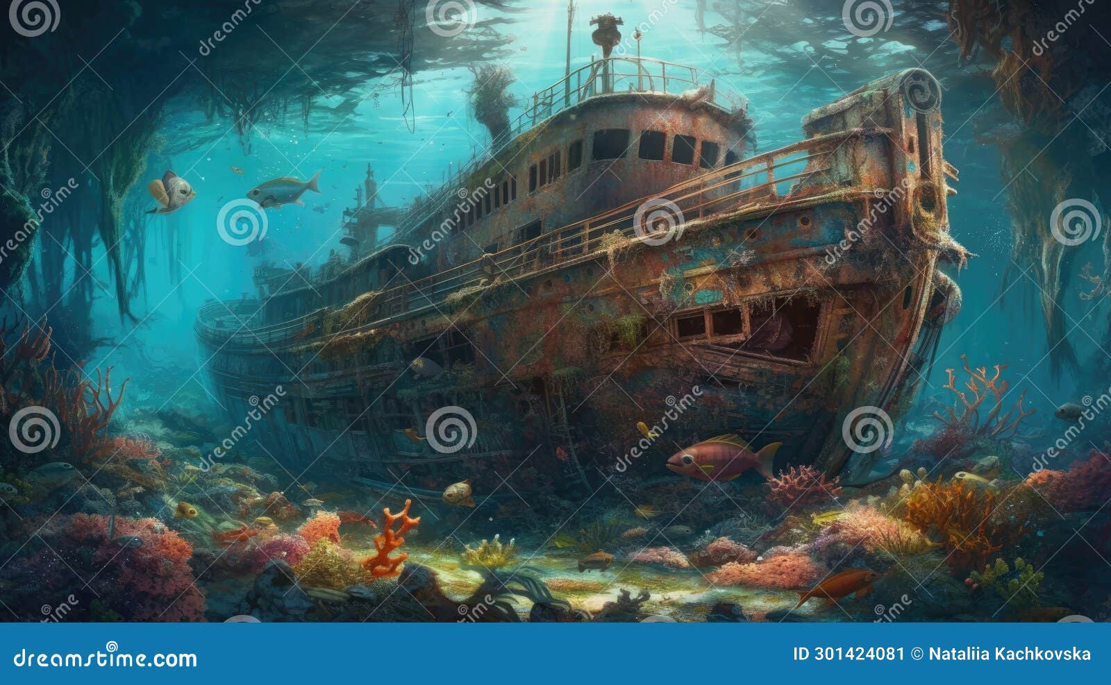 Haunted Shipwreck on the Ocean Floor Stock Illustration - Illustration ...