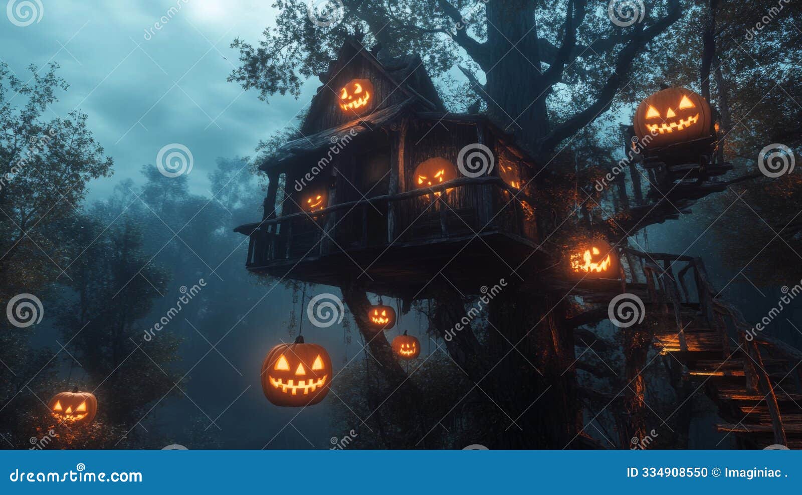 Haunted Treehouse with Jack-O-Lantern Decorations in a Foggy Forest ...
