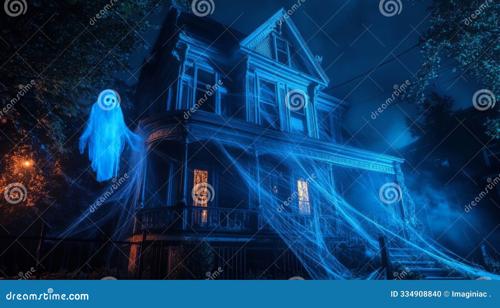 A Haunted Victorian House with a Ghost and Spiderwebs Stock ...