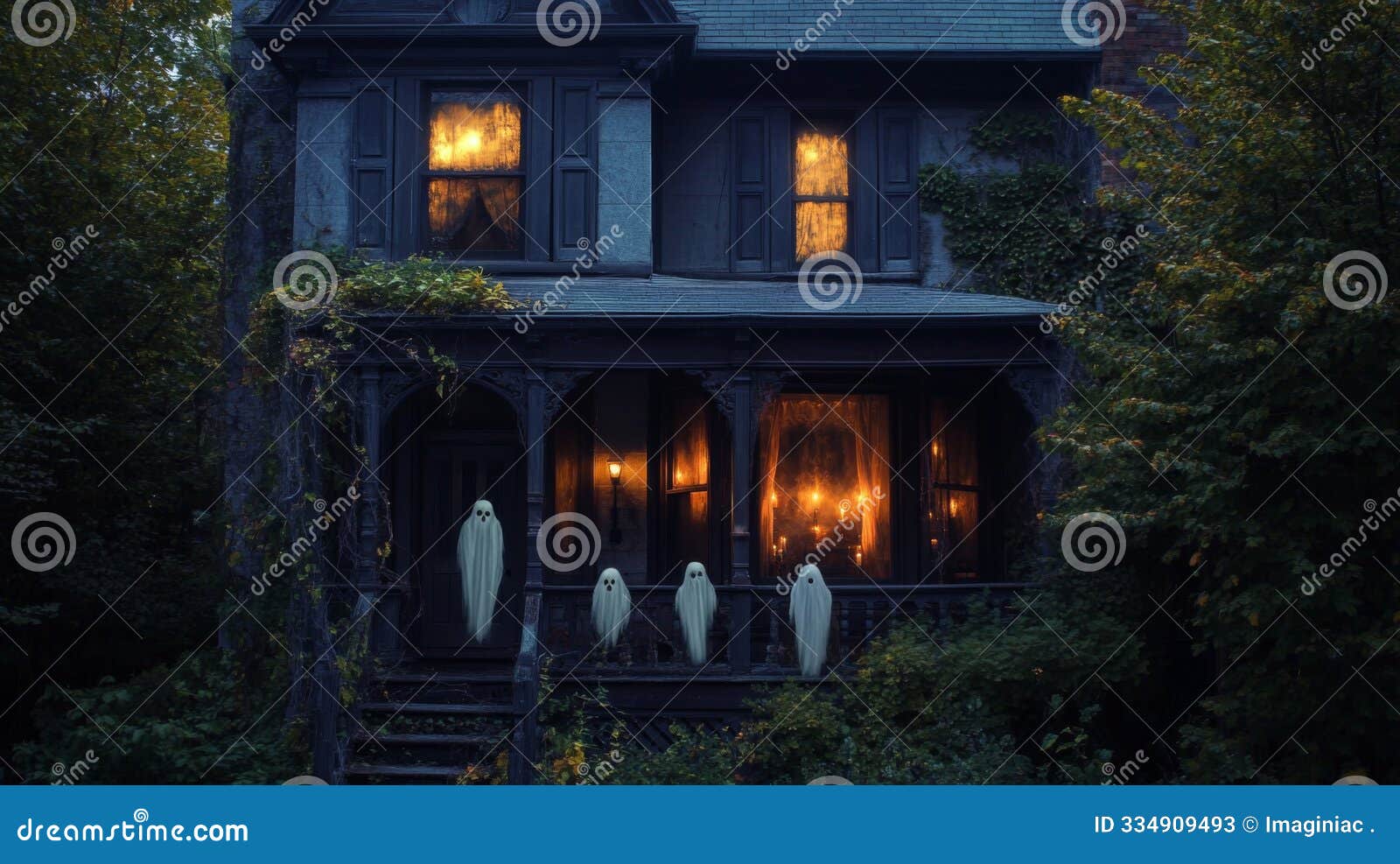 Haunted Victorian House with Ghosts on Porch Stock Illustration ...