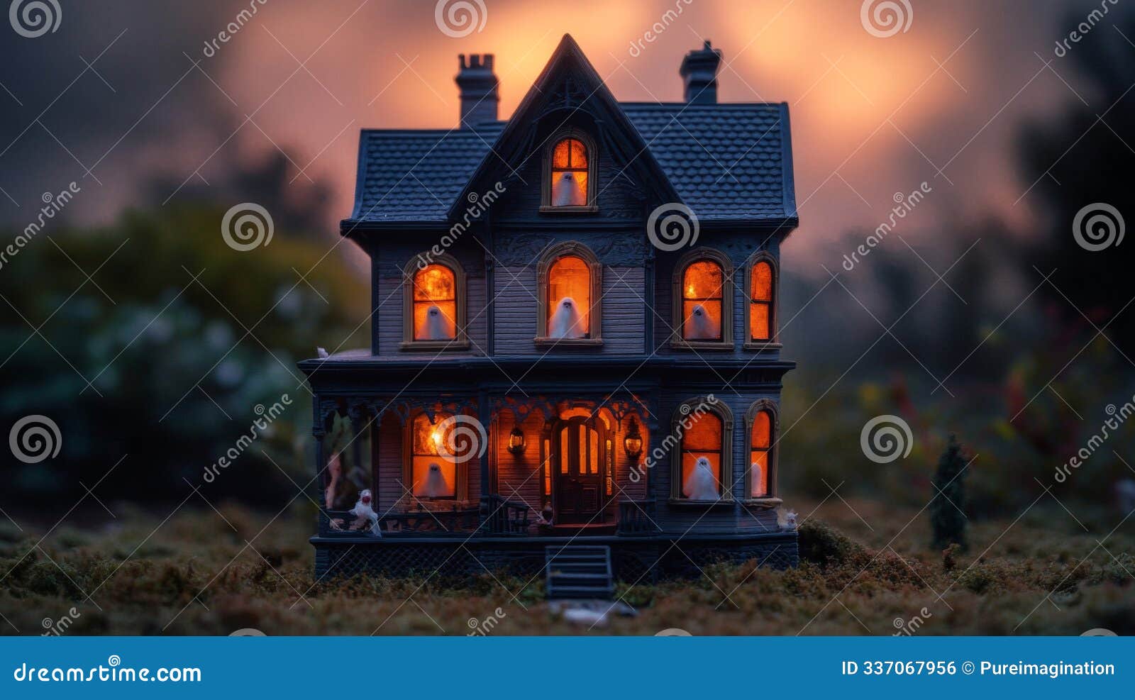 Haunted Victorian House with Ghosts in the Windows at Dusk Stock ...