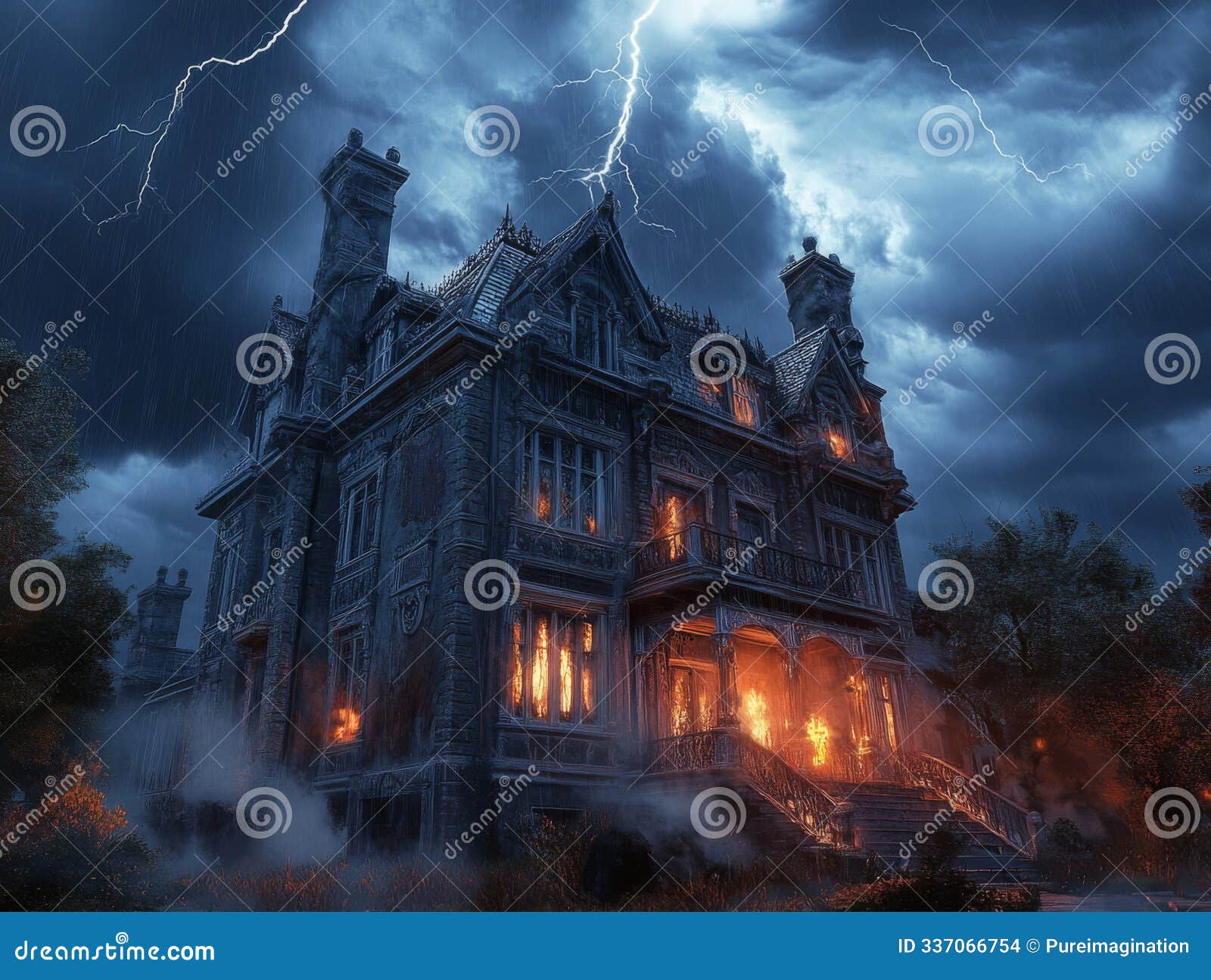 A Haunted Victorian Mansion on Fire during a Thunderstorm Stock ...