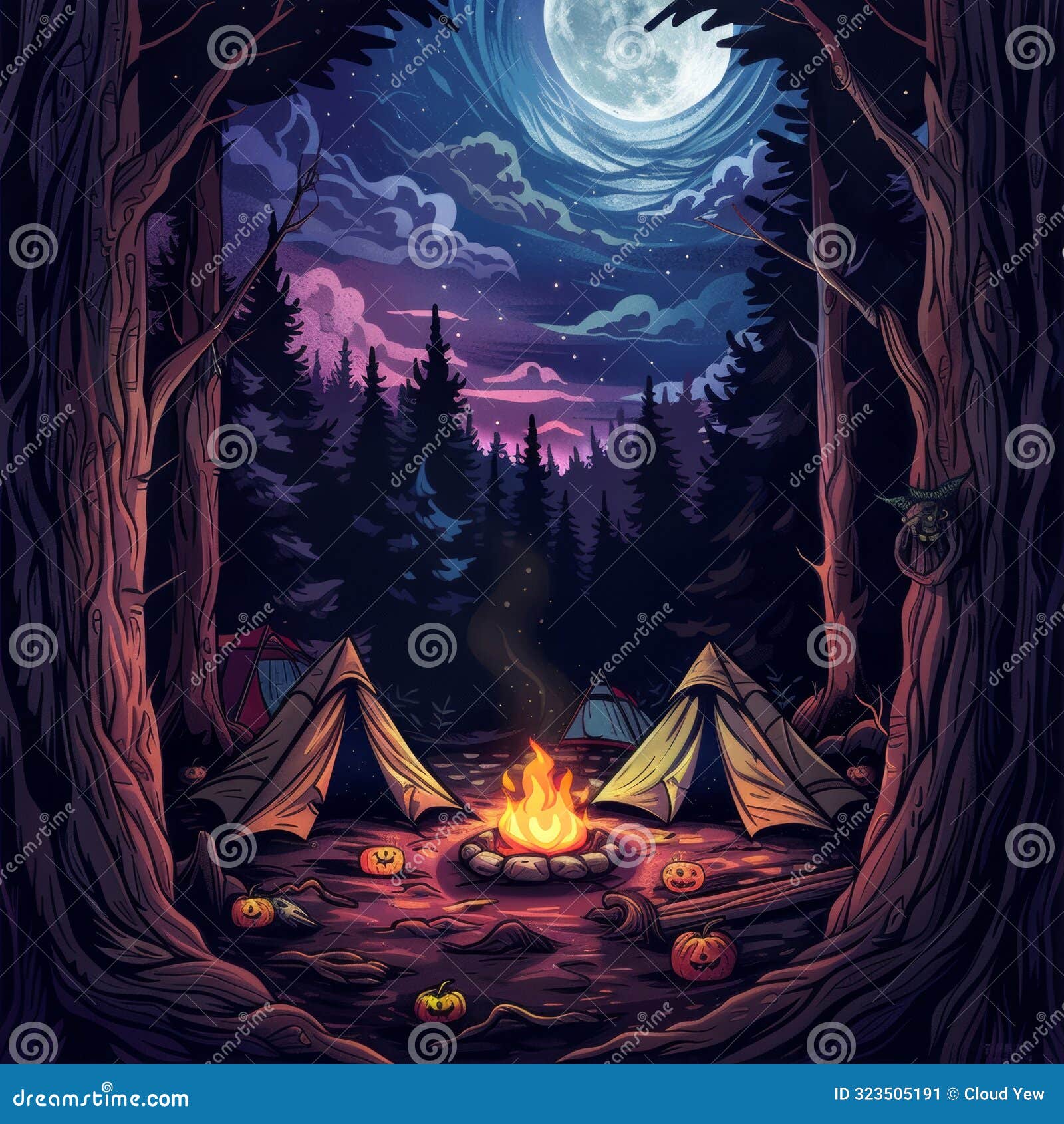 Haunted Woods Camping Trip Poster with Tents and Campfire Stock ...