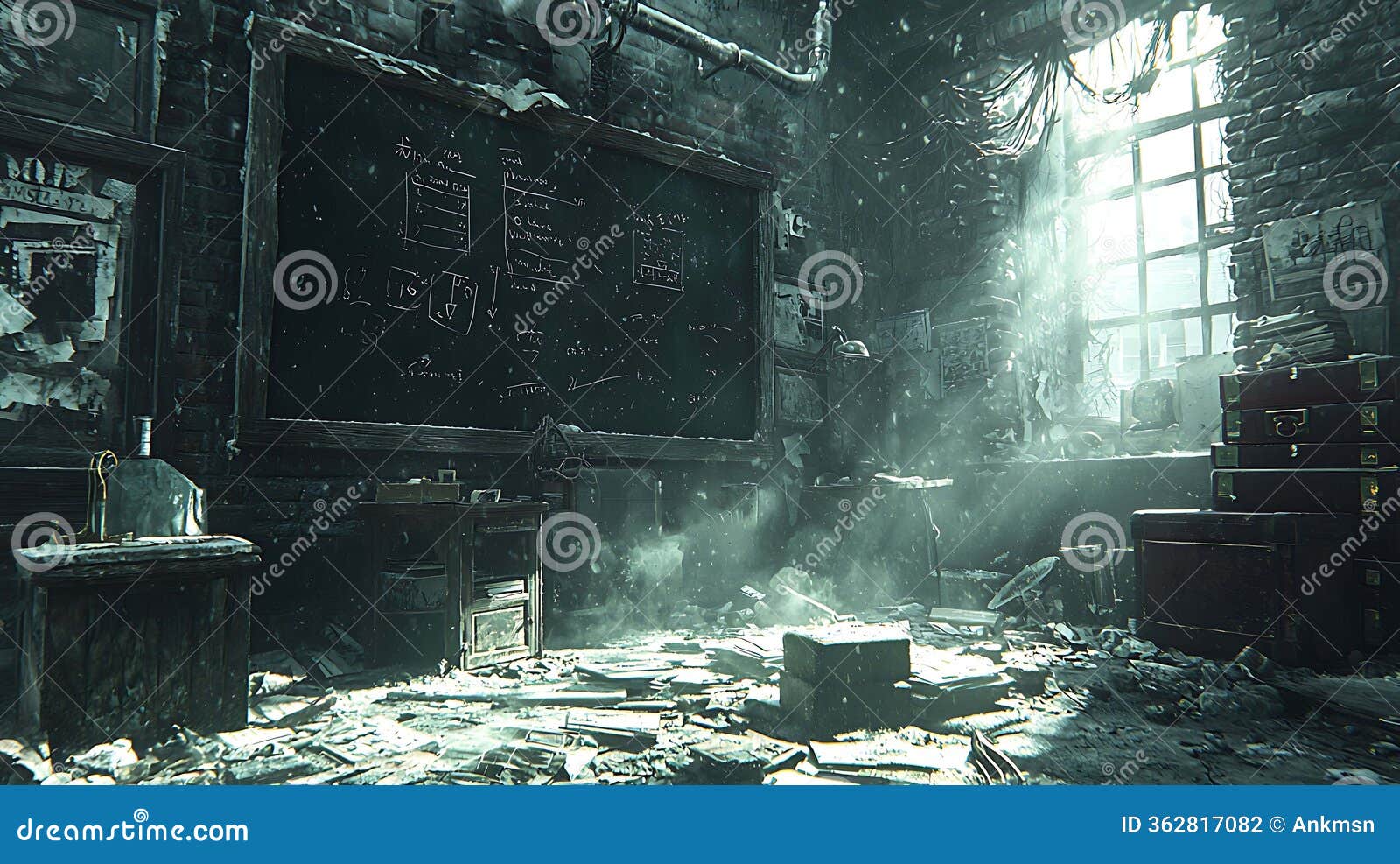 A Haunting, Atmospheric Image of a Dilapidated Classroom, Shrouded in ...