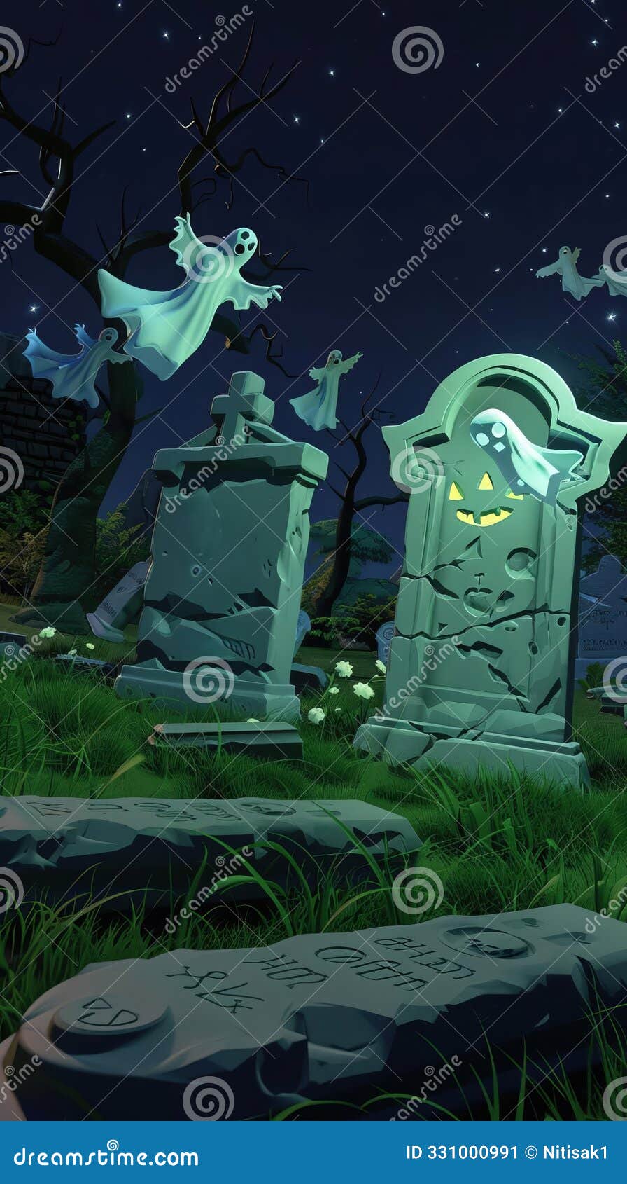 75 Haunting 3D Cartoon Graveyard with Ghostly Apparitions for Halloween ...