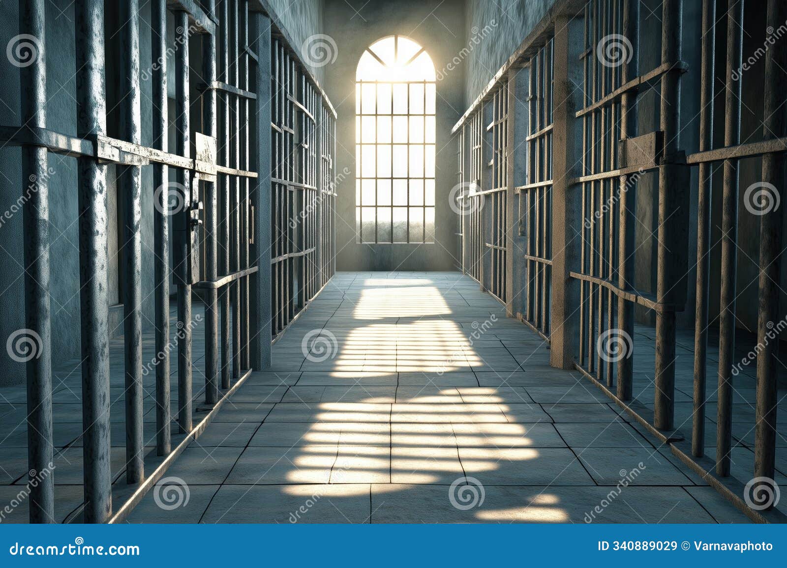 A Haunting 3D Render of a Prison Cell with Iron Bars and a Sunlit ...
