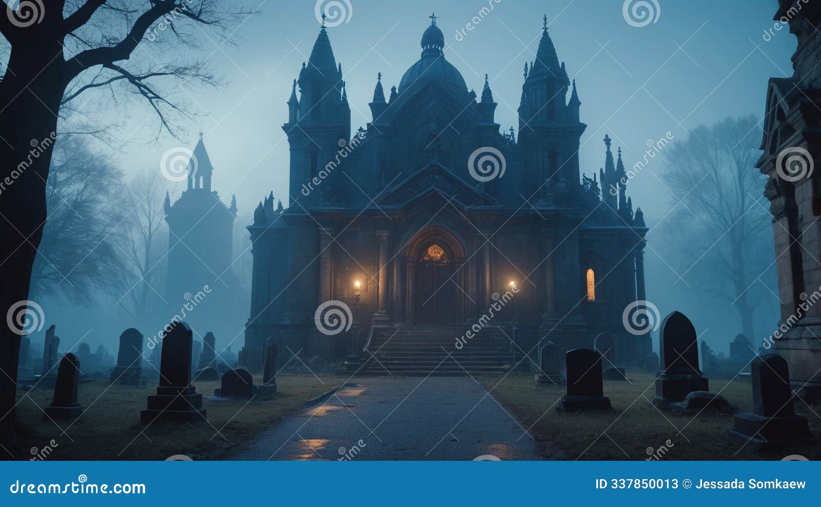 Dark and Foreboding Graveyard Scene at Dusk Stock Illustration ...
