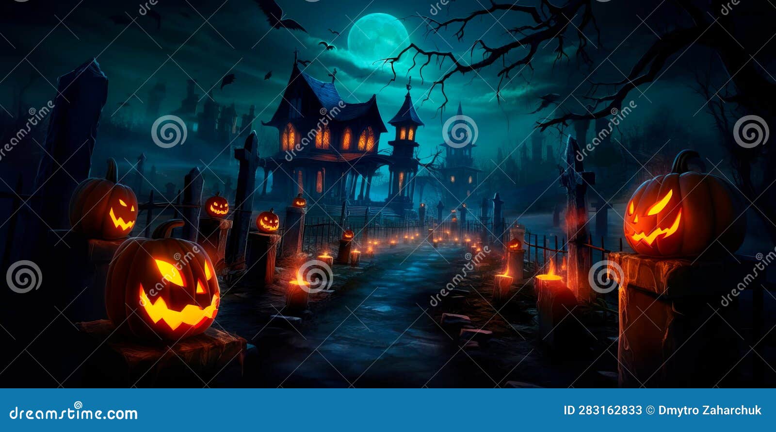 Haunting Halloween Background with a Ghostly Graveyard, Flickering ...