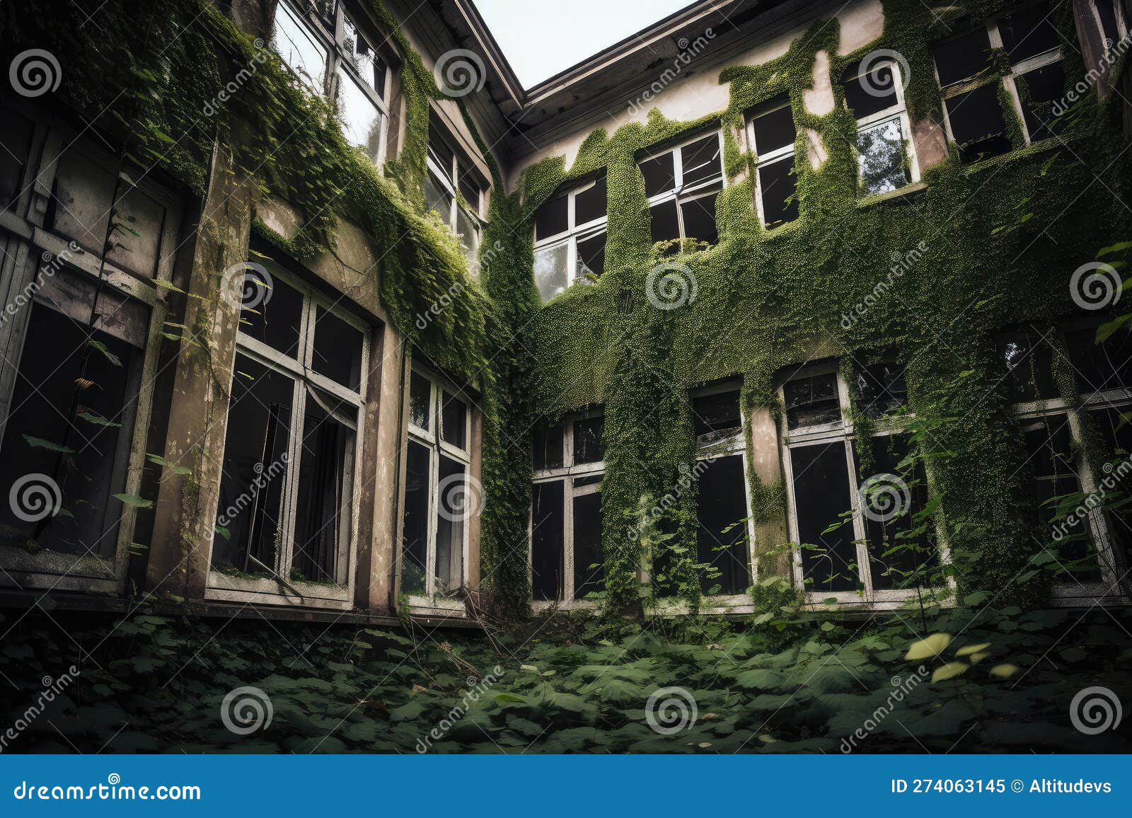 Haunting Image of Abandoned School with Broken Windows and Overgrown ...