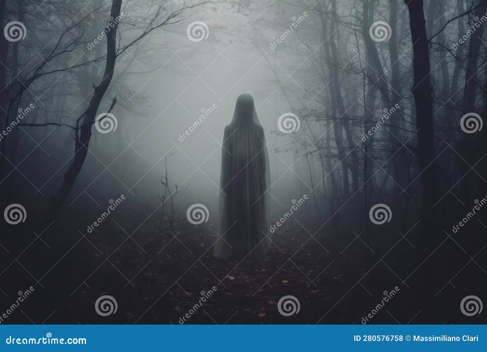 A Haunting Image of a Ghostly Figure Emerging from the Mist in a Dense ...