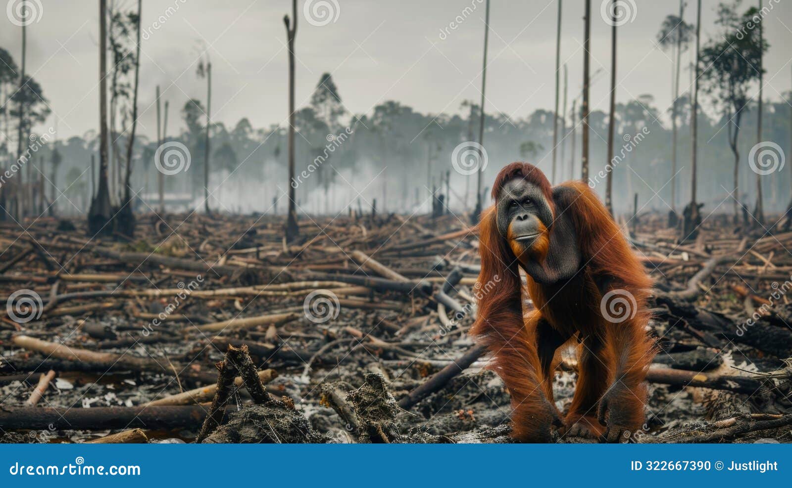 A Haunting Image of a Lone Orangutan Standing Amidst a Destroyed Forest Highlighting the ...