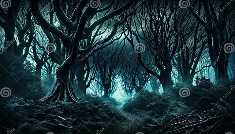Haunting Path Winds through a Mist Forest of Twisted Trees. Ghotic ...