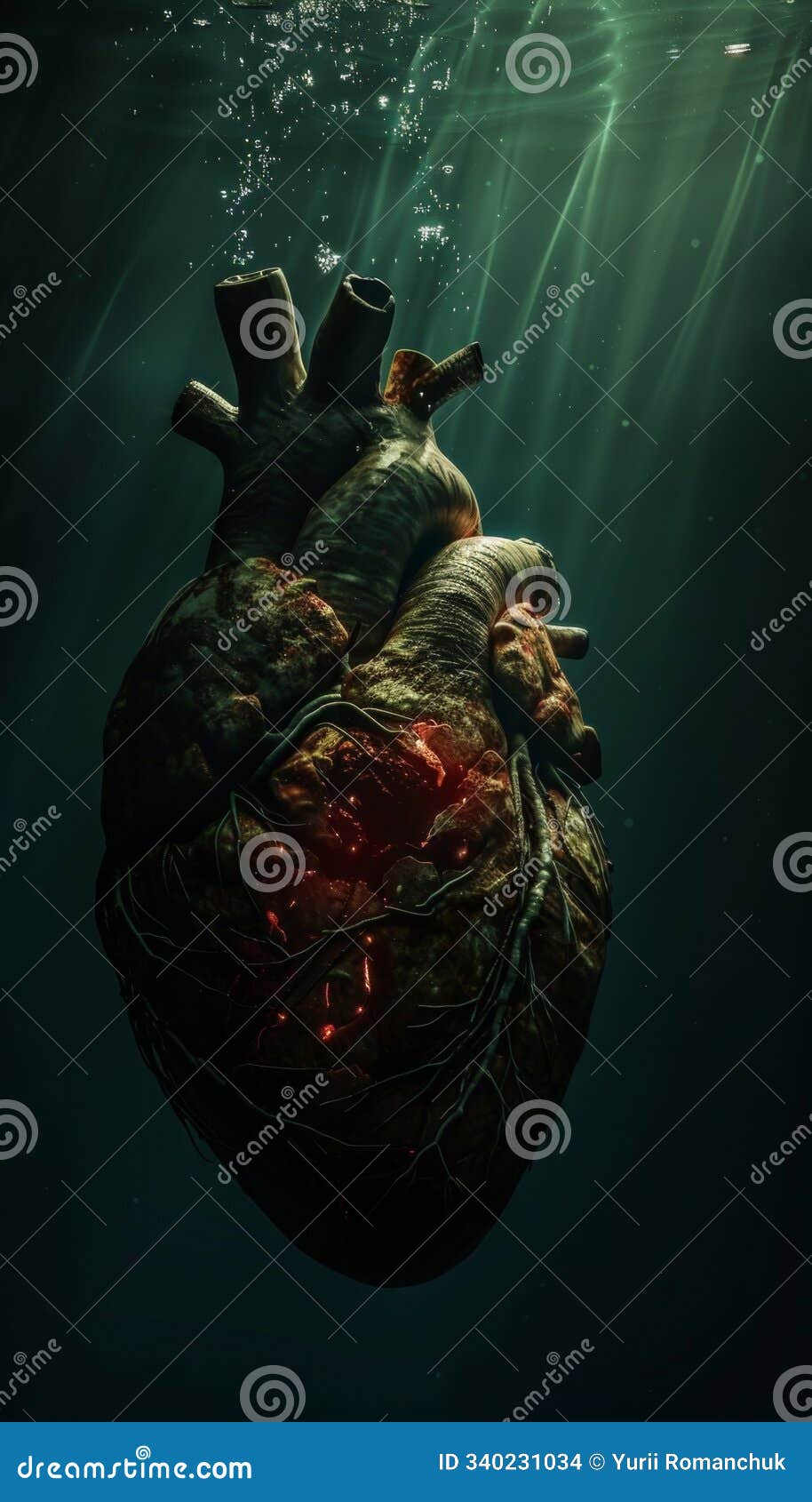 A Haunting Scene a Decayed Human Heart Sinking into Dark Waters with ...