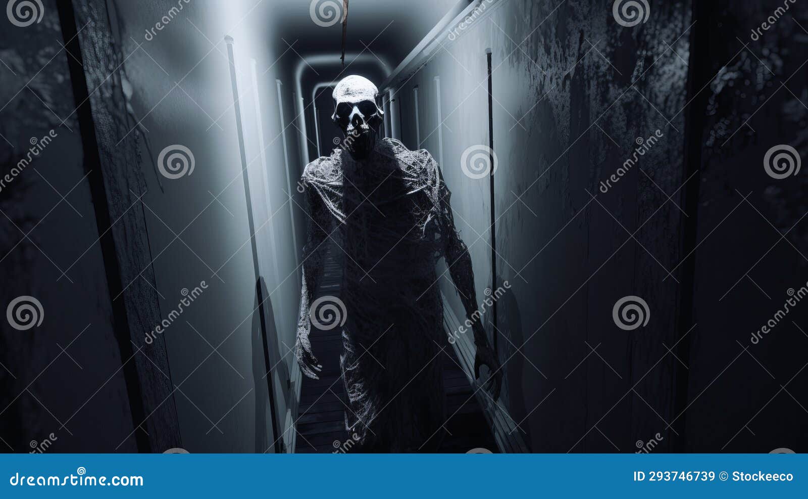 Skeletal Janitor: a Wire-made Ethereal Presence in the Dark Hallway ...