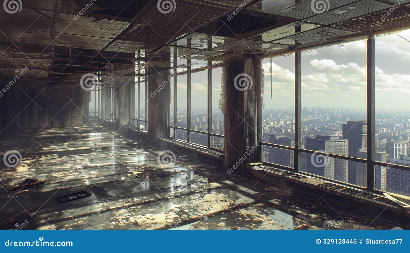 Abandoned Skyscraper Interior with City View Stock Photo - Image of ...