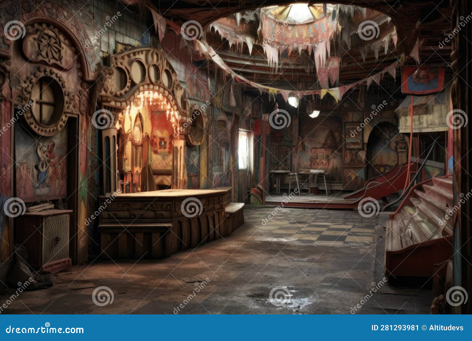 Haunting View of an Empty, Dilapidated Funhouse Stock Illustration ...