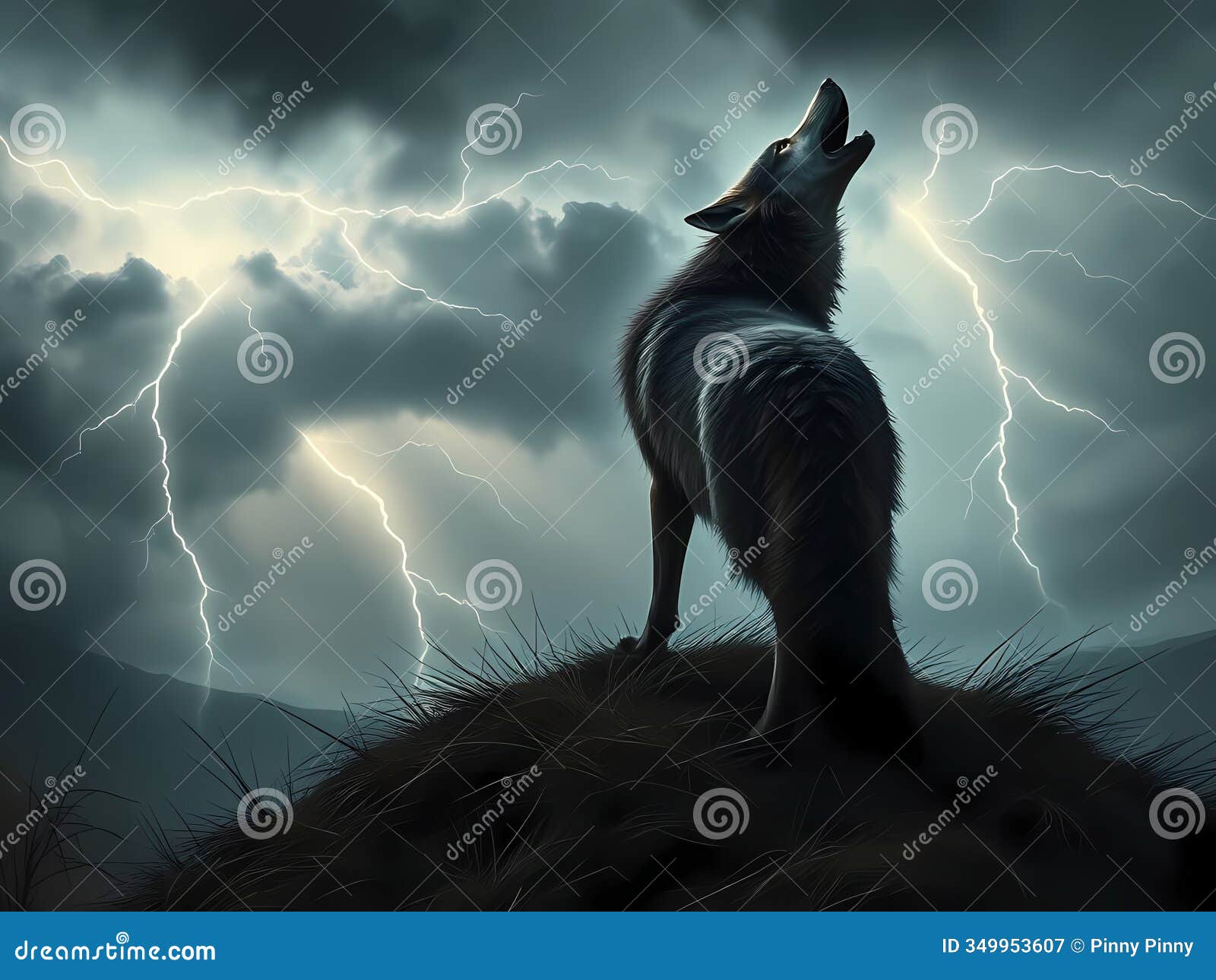 A Haunting View of a Wolf on a Windswept Hill, Howling As Thunder Roars ...