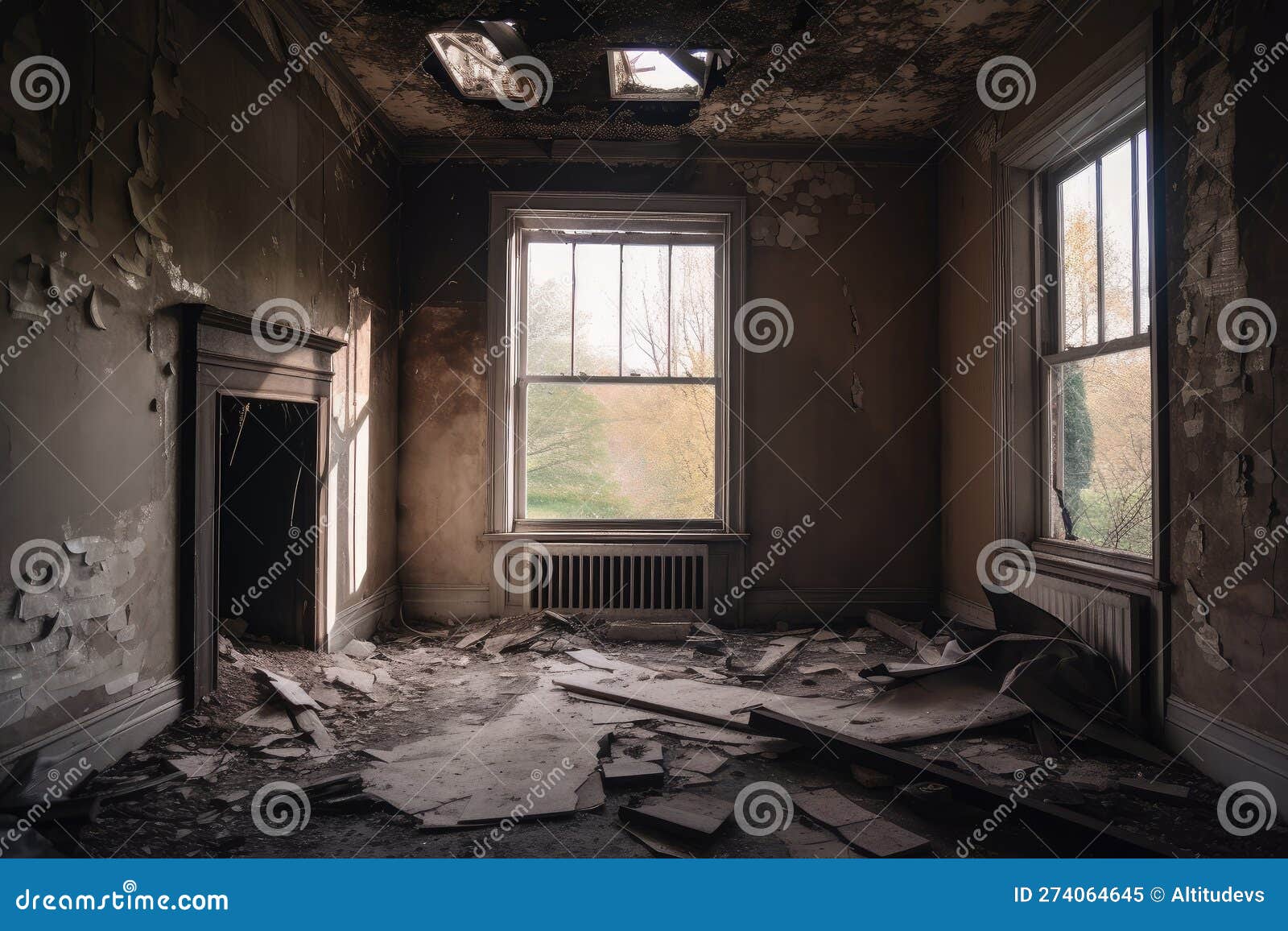 Ruinous Empty House Room With Distressed Wallpaper Art Stock Image ...