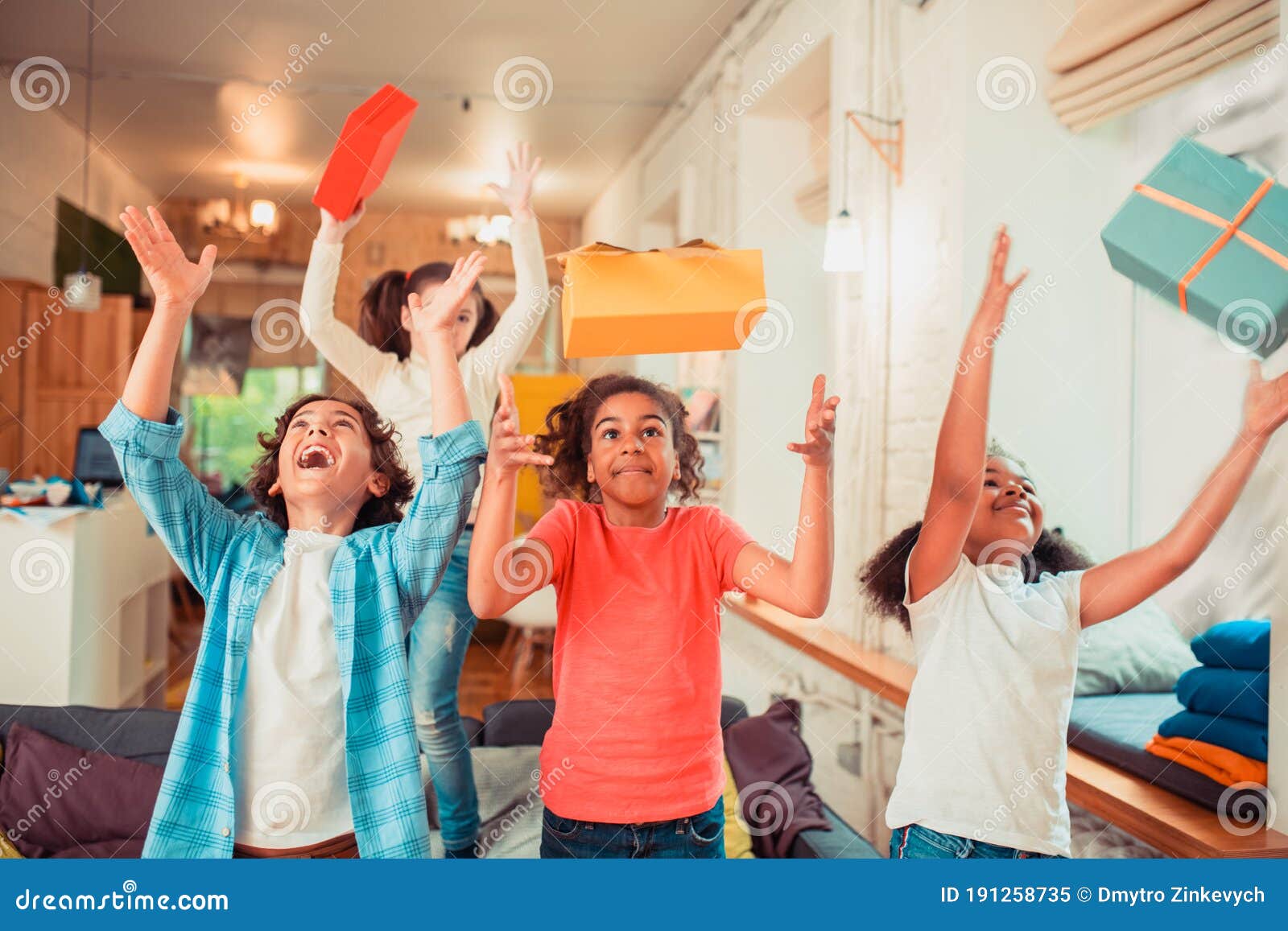 Joyful and Active Kids Throwing Gift Boxes Stock Image - Image of ...