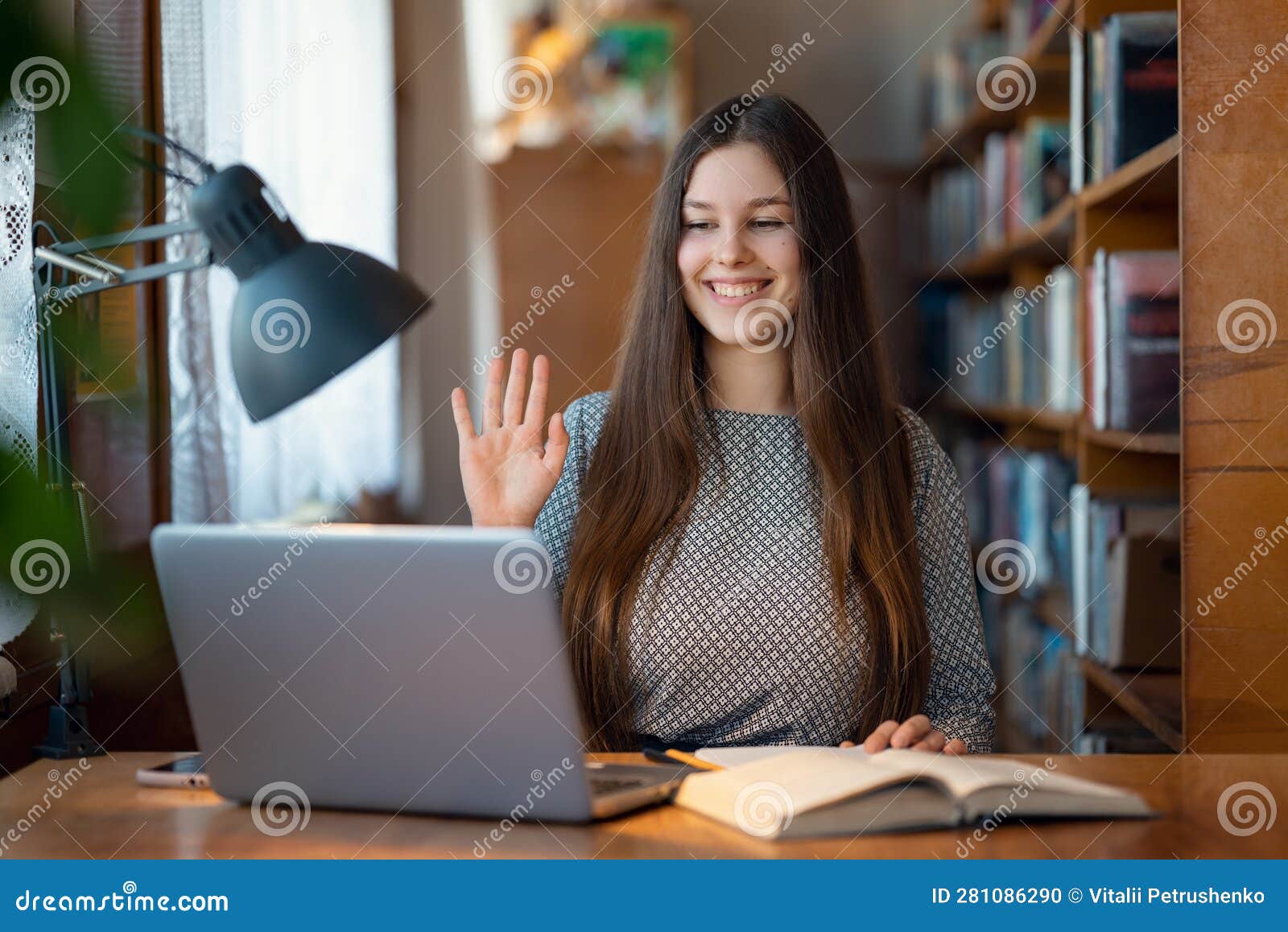 Diligent University Student Having Online Class from Library, Greetings ...