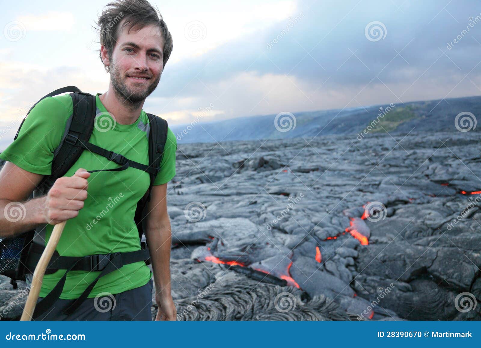 Hawaii Hiker Hiking by Flowing Lava Stock Photo - Image of flowing ...