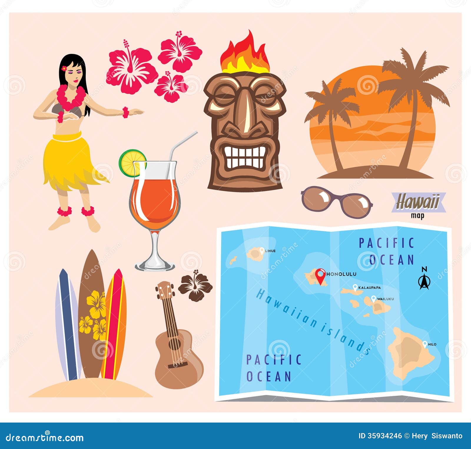 Hawaii icon set stock vector. Illustration of sand, guitar - 35934246