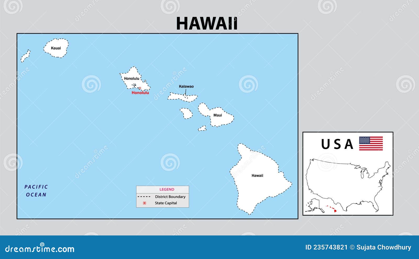 Hawaii Map. Political Map of Hawaii with Boundaries in White Color ...