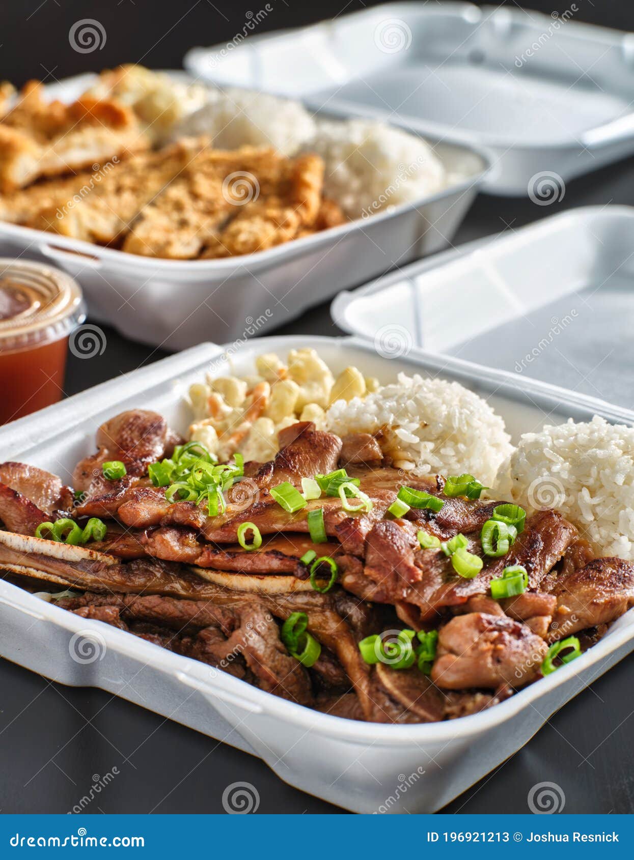Hawaiian Bbq in Take Out Container with Mix of Barbecue Meats Stock ...