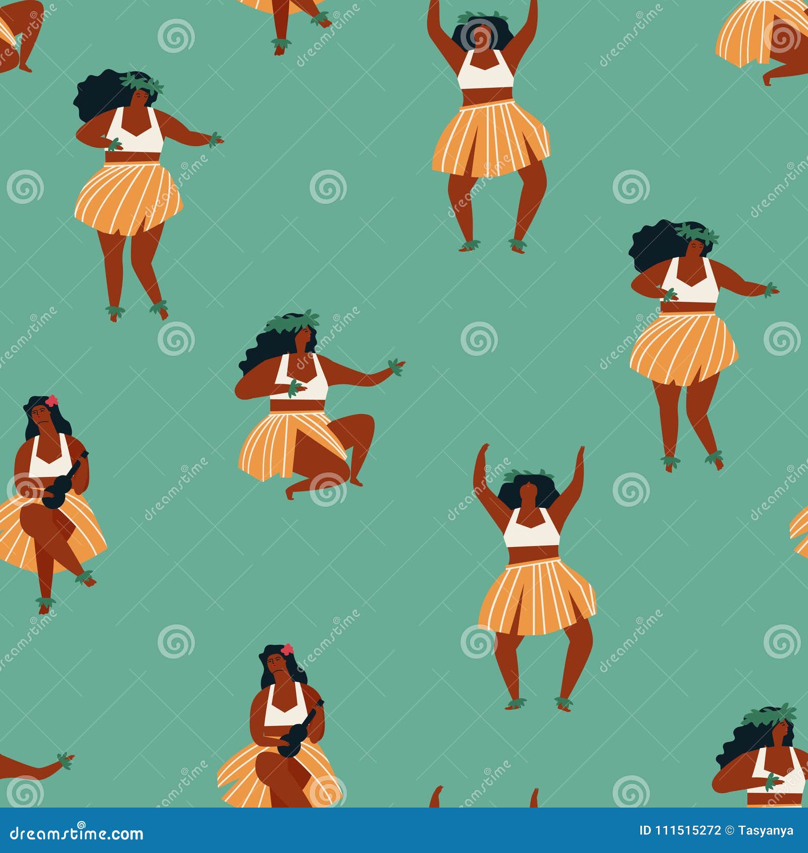 Hawaiian Hula Dance Girls Dancing and Playing Guitar Seamless Pattern ...