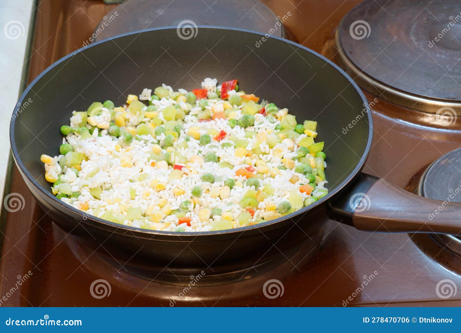 Hawaiian Mixture in a Frying Pan . Rice and Vegetables Stock Photo ...