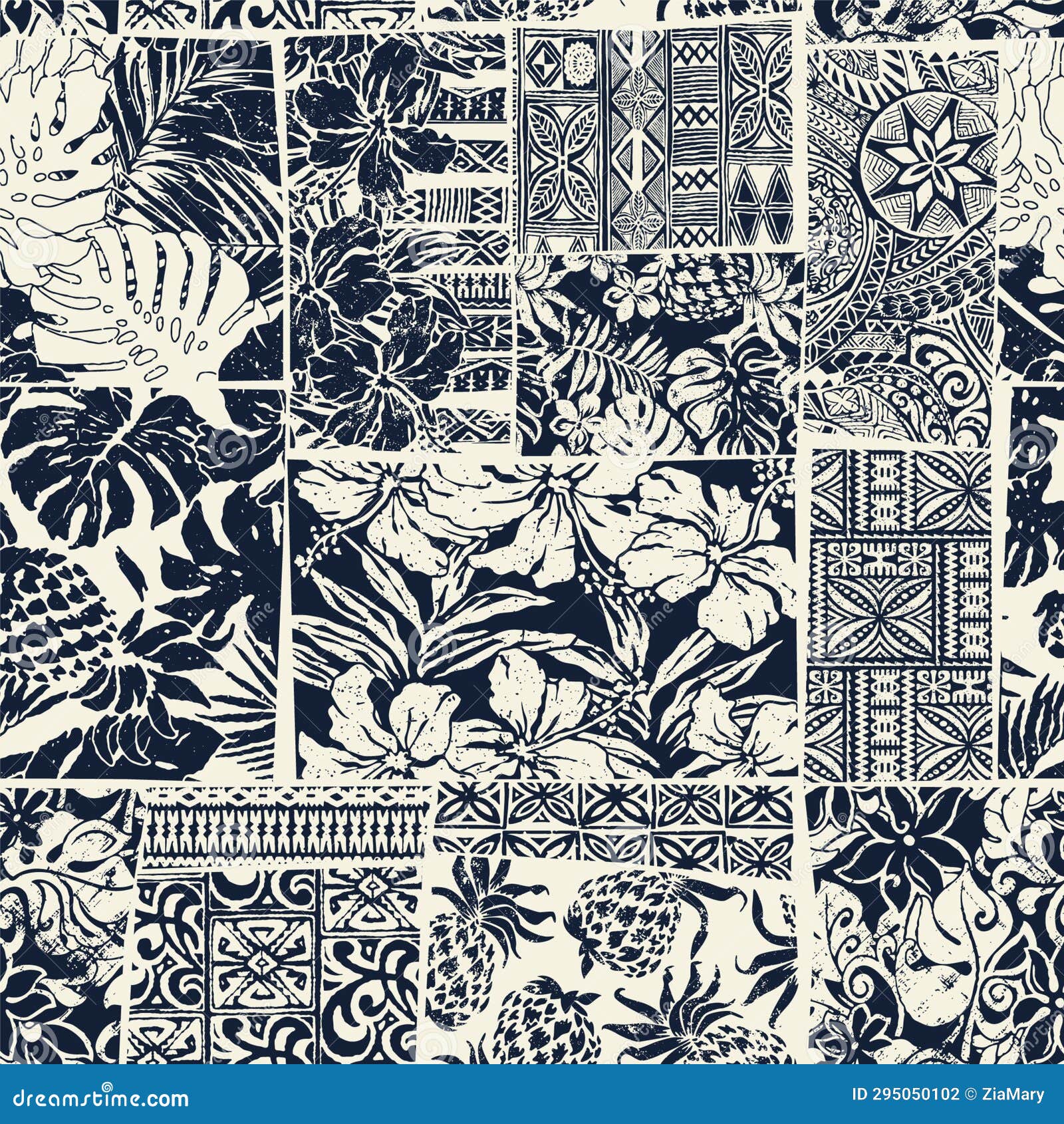 Hawaiian Style Hibiscus and Tribal Elements Fabric Patchwork Wallpaper ...