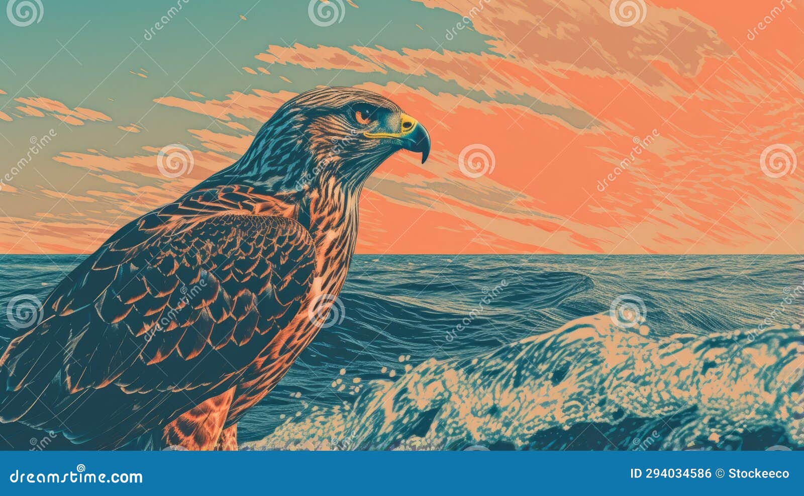 Hawk on Rock Ocean Sunset Vector Illustration Stock Illustration ...