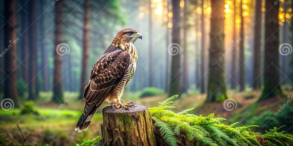 Hawk Resting on a Tree Stump in Dramatic Forest Wilderness AI-Created ...