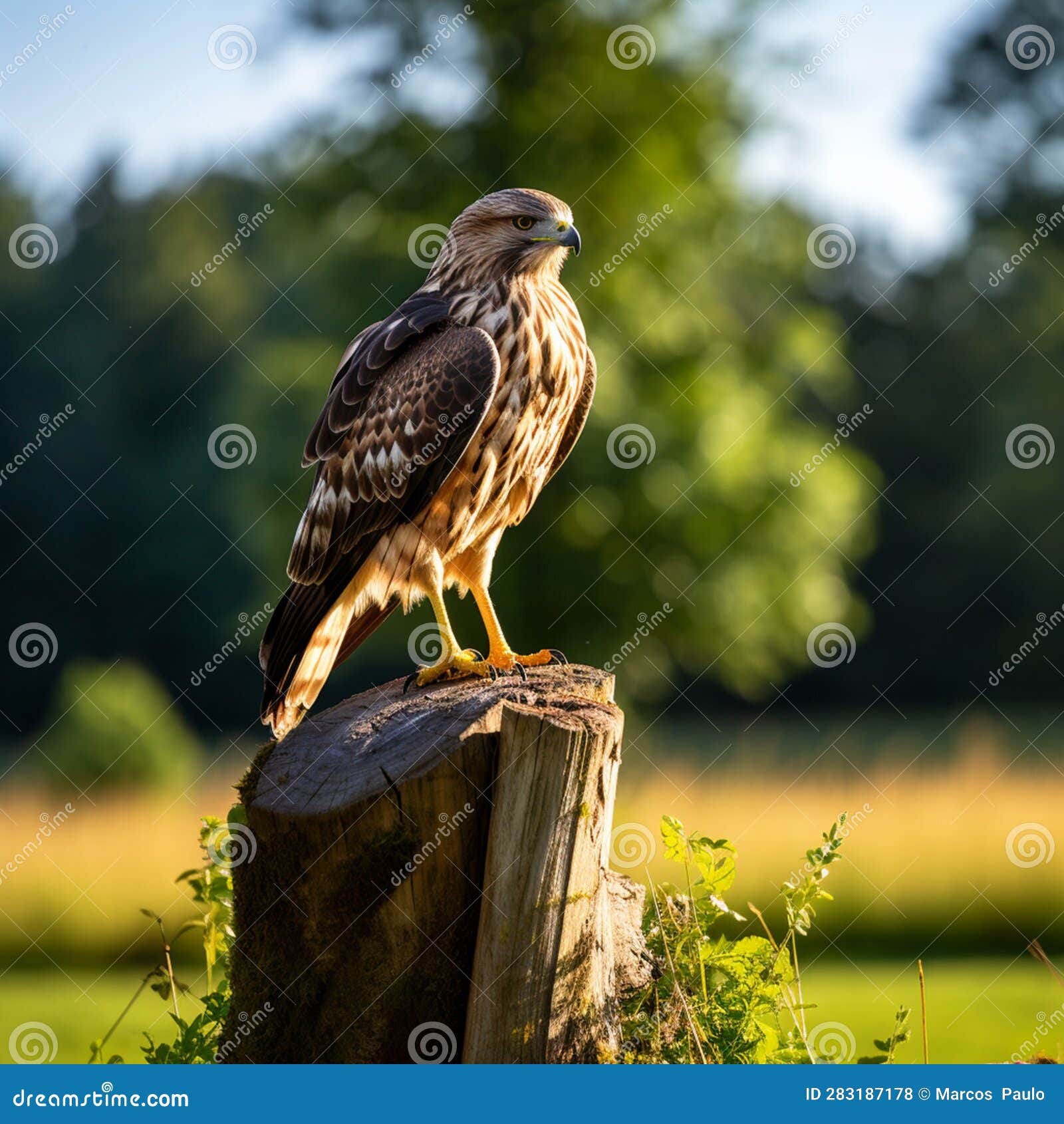 Hawk Watching Over a Cut Tree Trunk in the Forest with Blue Sky Stock ...