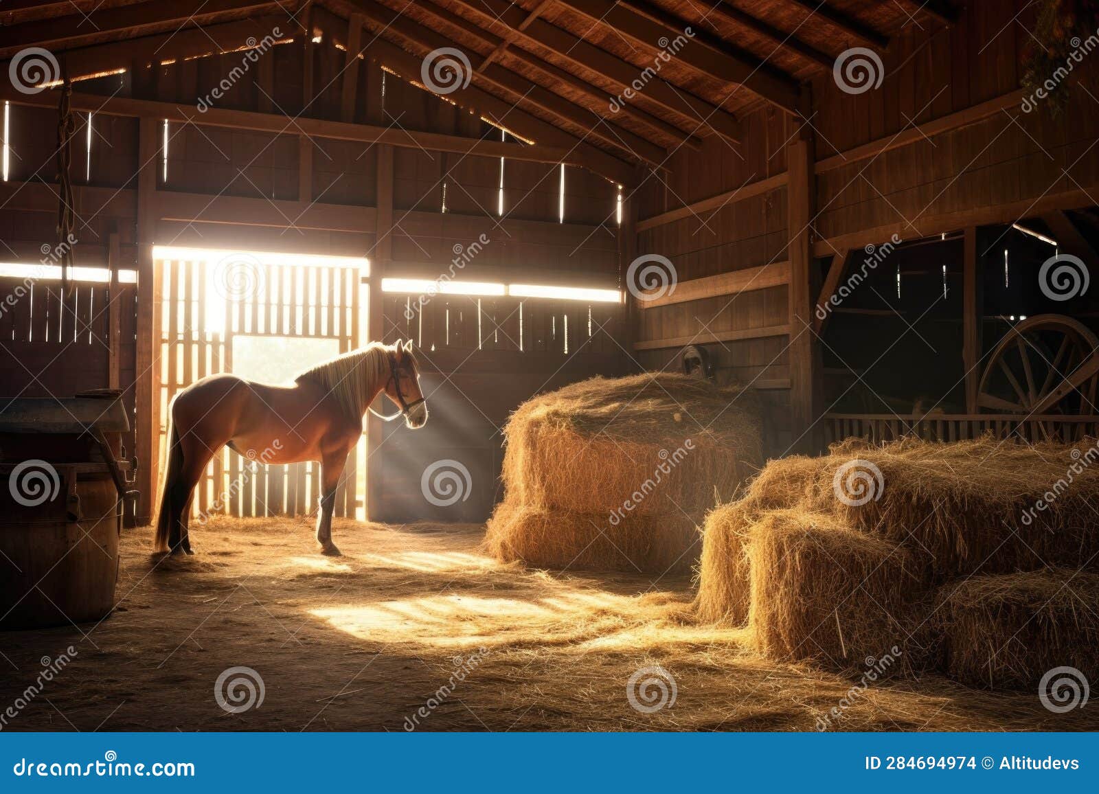 Hay Bale beside Horse in a Rustic Barn Setting Stock Illustration ...