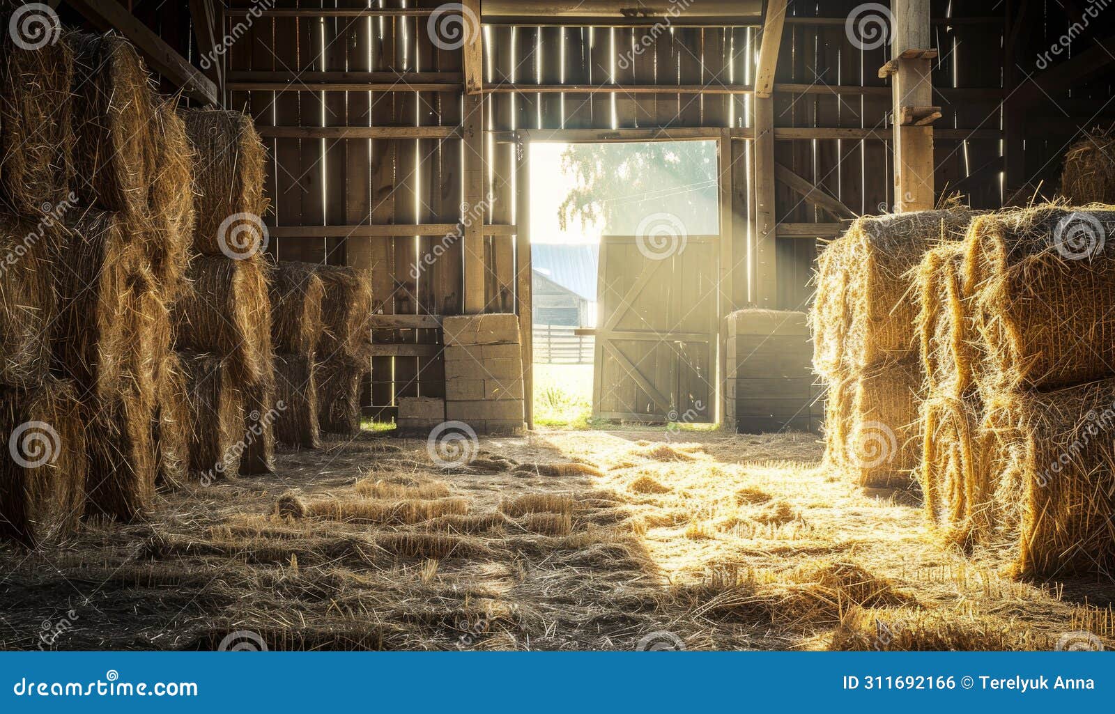 Hay Bales Stacked in Barn with Sunlight Streaming in through the Open ...